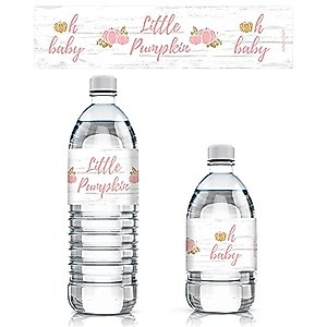 Pink and Gold Little Pumpkin Girl Baby Shower Water Bottle Labels - Fall Themed Waterproof Wrappers - 24 Count