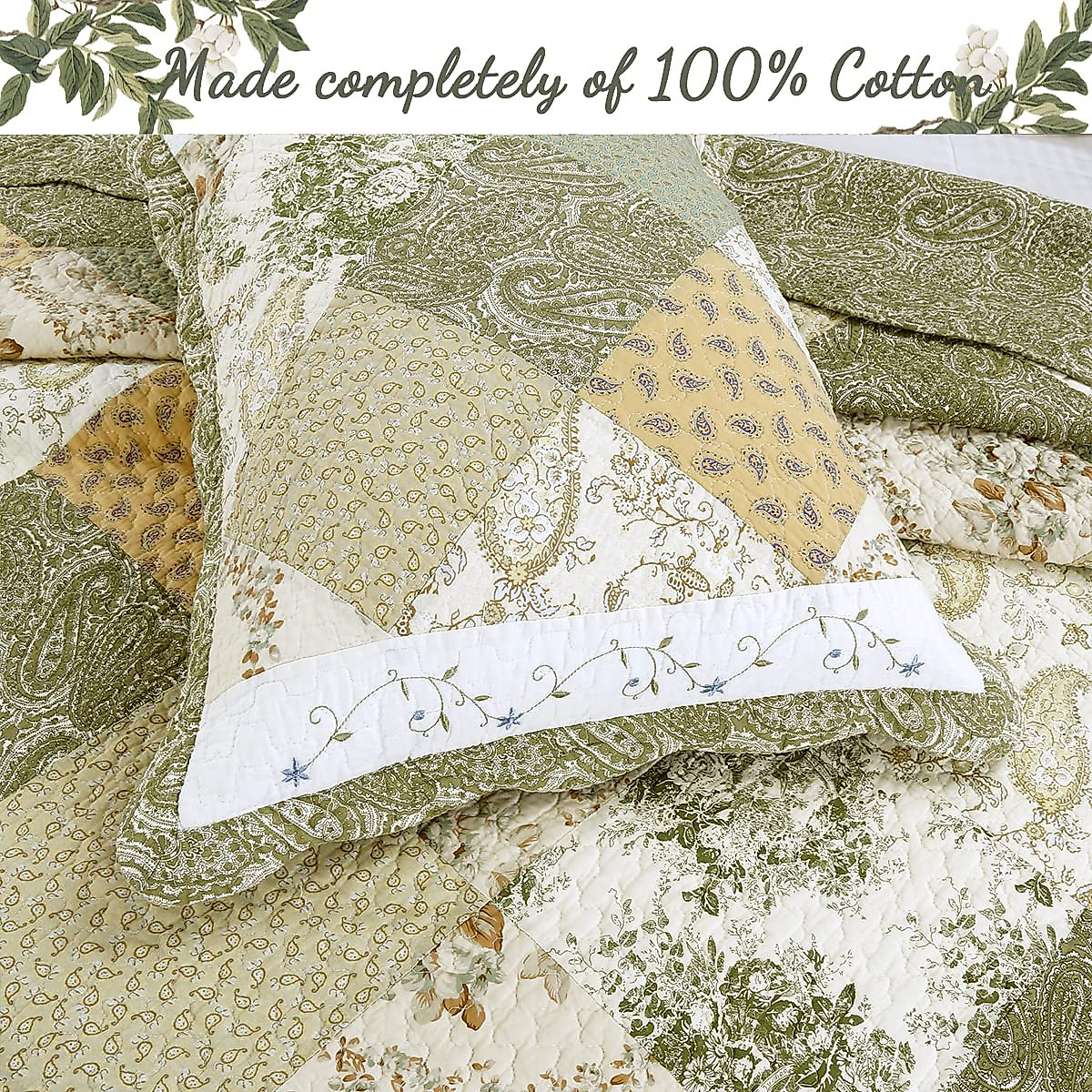 Cozy Line Home Fashions Floral Real Patchwork Green Beige Khaki Yellow Scalloped Edge Country 100% Cotton Quilt Bedding Set, Reversible Coverlet Bedspread (Laura, Twin - 2 Piece)