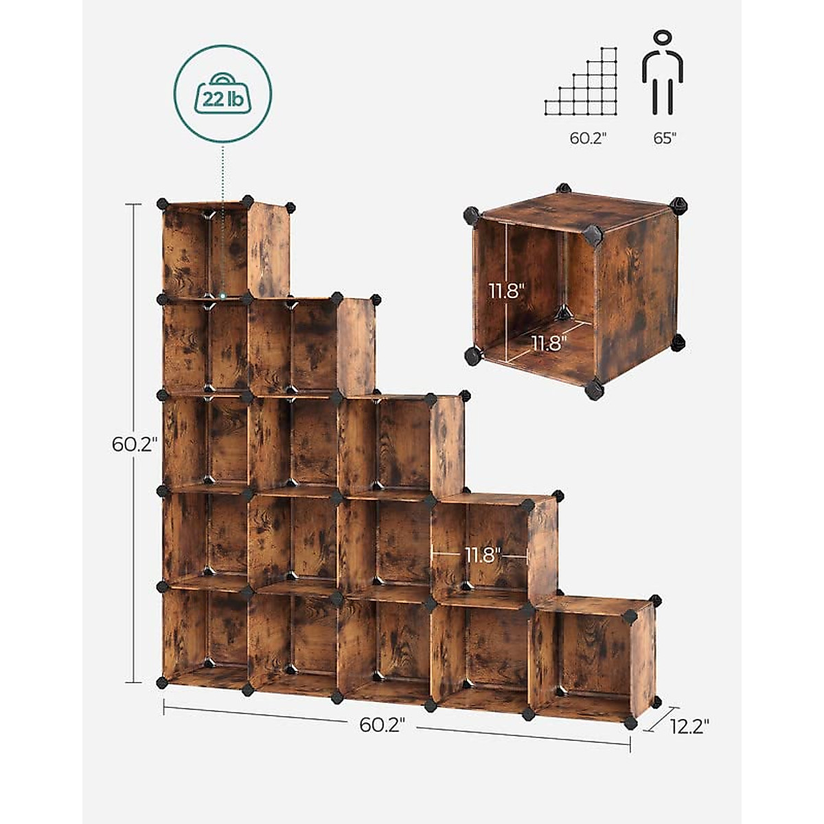 SONGMICS Cube Storage Organizer, 16-Cube Book Shelf, Closet Organizers and Storage, Room Organization, Cubby Shelving for Bedroom Living Room, 48.4 x 12.2 x 48.4 Inches, Rustic Brown ULPC442A01