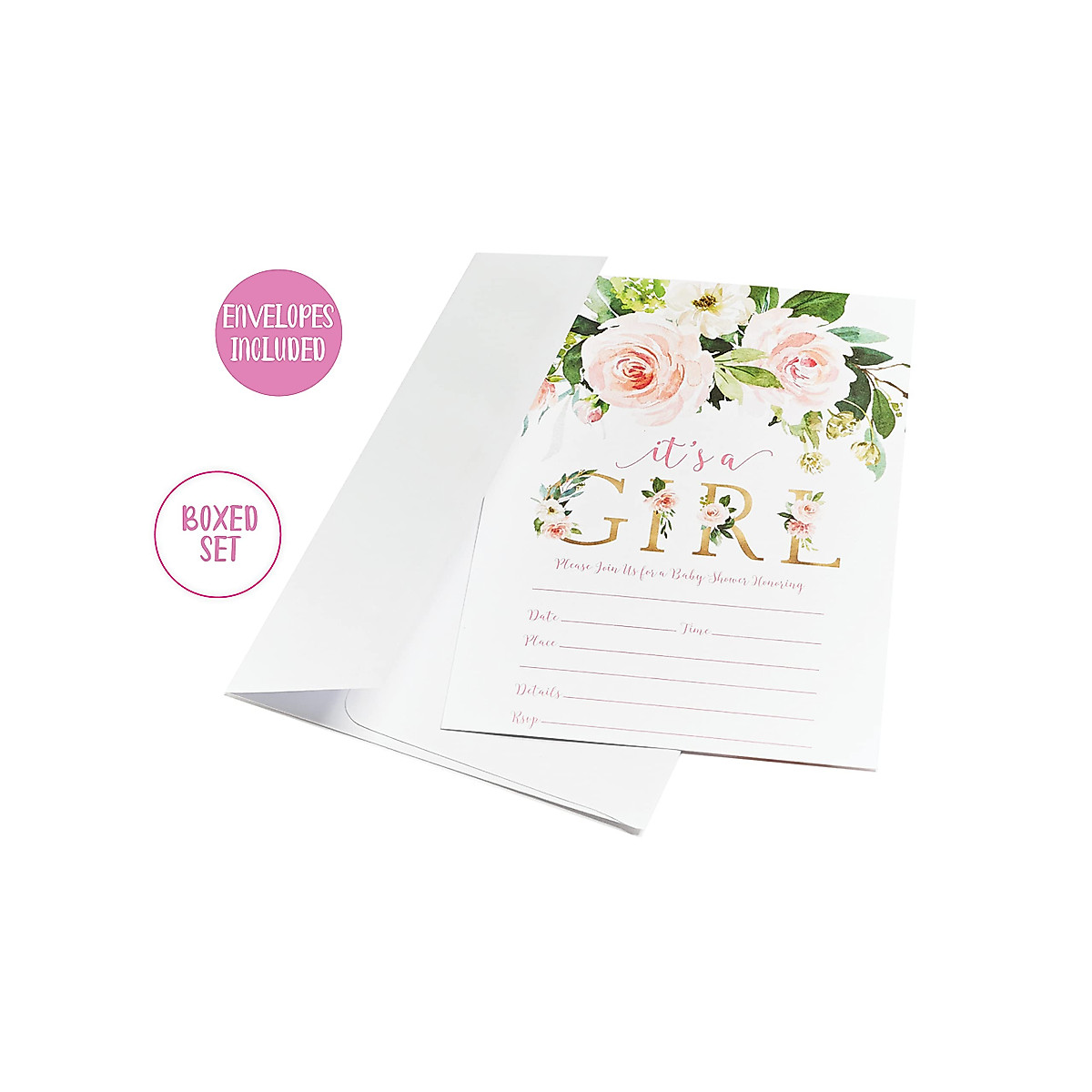 All Ewired Up 25 Pink It's A Girl Baby Shower Invitations with Envelopes (Large Size 5x7) Boxed Set, Double-Sided, Boho Floral Greenery, Sprinkle, Blush Boho