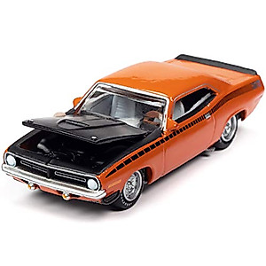 1970 Plymouth AAR Barracuda Vitamin C Orange with Black Stripes and Hood and Collector Tin Limited Edition to 4540 Pieces Worldwide 1/64 Diecast Model Car by Johnny Lightning JLCT005-JLSP108A