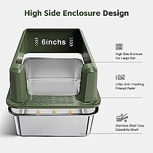 Stainless Steel High Side Cat Litter Box, Enclosed Large Litter Box for XL Big Cats, Easy Clean Metal Kitty Litterbox with Scoop
