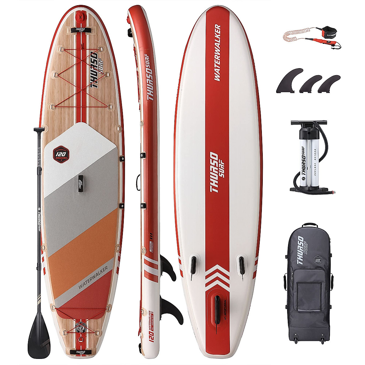 THURSO SURF Inflatable Stand Up Paddle Board All-Around SUP Waterwalker 120 10'×30''×6'' Deluxe Package | Carbon Shaft Paddle | Roller Backpack | Dual Chamber Pump | Coiled Leash (Crimson)
