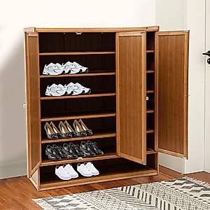 DYRABREST Bamboo Shoe Cabinet with 3 Doors, 8 Tier Free Standing Shoe Racks Shoe Rack Shelf Large Capacity Shoe Storage Cabinet for Hallway Office Living Room (8 Tiers)