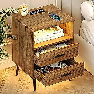 FREDEES Night Stand with Charging Station (Wireless/USB/Type-C) and LED Lights, Smart Side Table, Nightstand Wood with Drawers, Bedside Table for Bedroom Living Room (Brown)