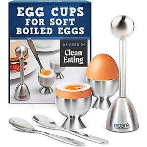 Eparé Egg Cups For Soft Boiled Eggs with Spoons - Hard Boiled Egg Holder & Egg Cracker Tool Set - Stainless Steel Handle Egg Opener Topper & Cutter