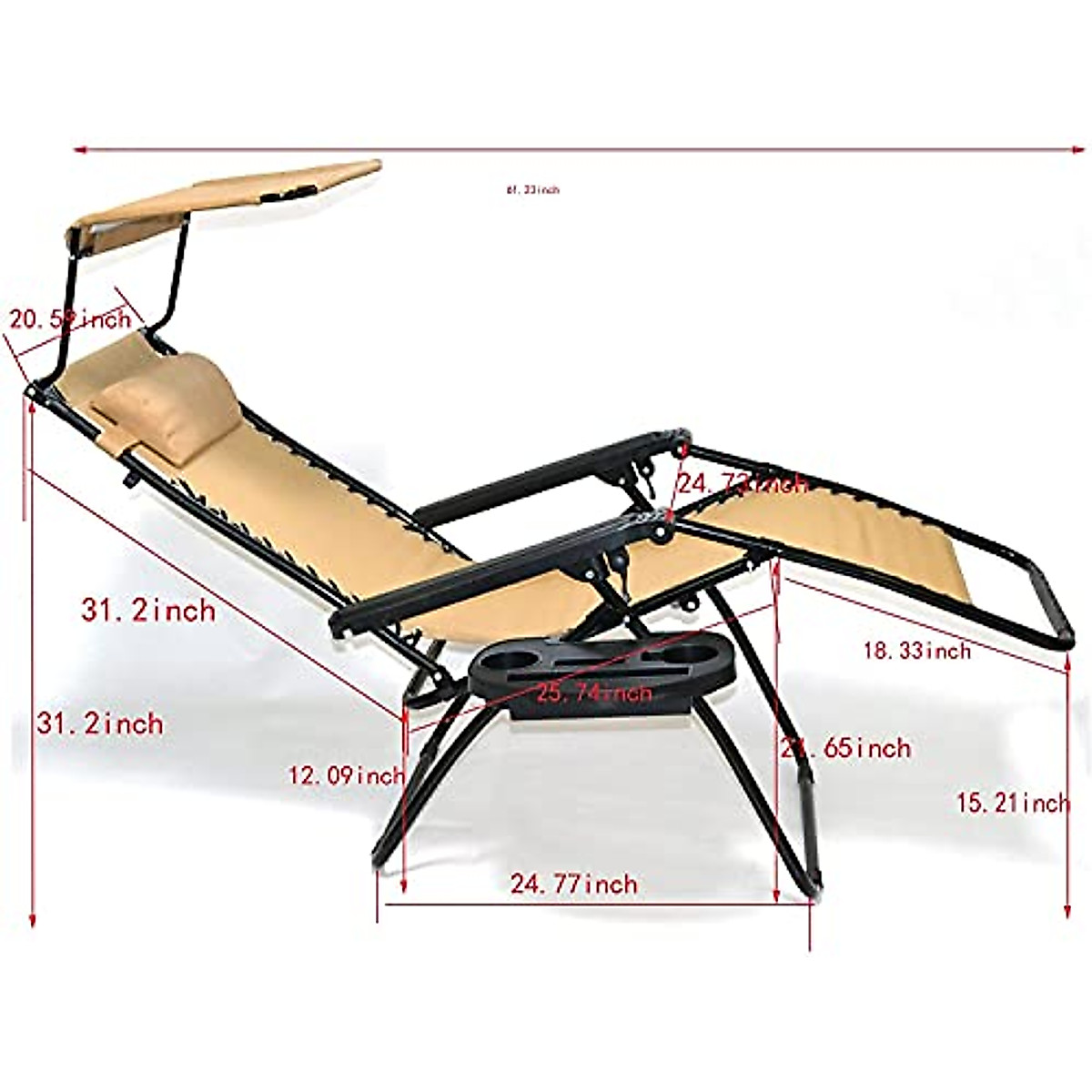 BTEXPERT CC5044BG-2 Zero Gravity Chair Lounge Outdoor Pool Patio Beach Yard Garden Sunshade Utility Tray Cup Holder Beige Two Case Pack (Set of 2 pcs), Piece, Tan with Canopy