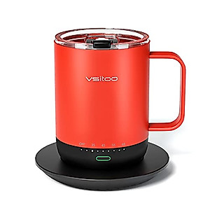 VSITOO Temperature Control Smart Mug with Lid, Coffee Mug Warmer with Mug for Desk Home Office, App Controlled Heated Coffee Cup, Self Heating Coffee Mug 14 oz, Electric Mug - Improved Design (Red)