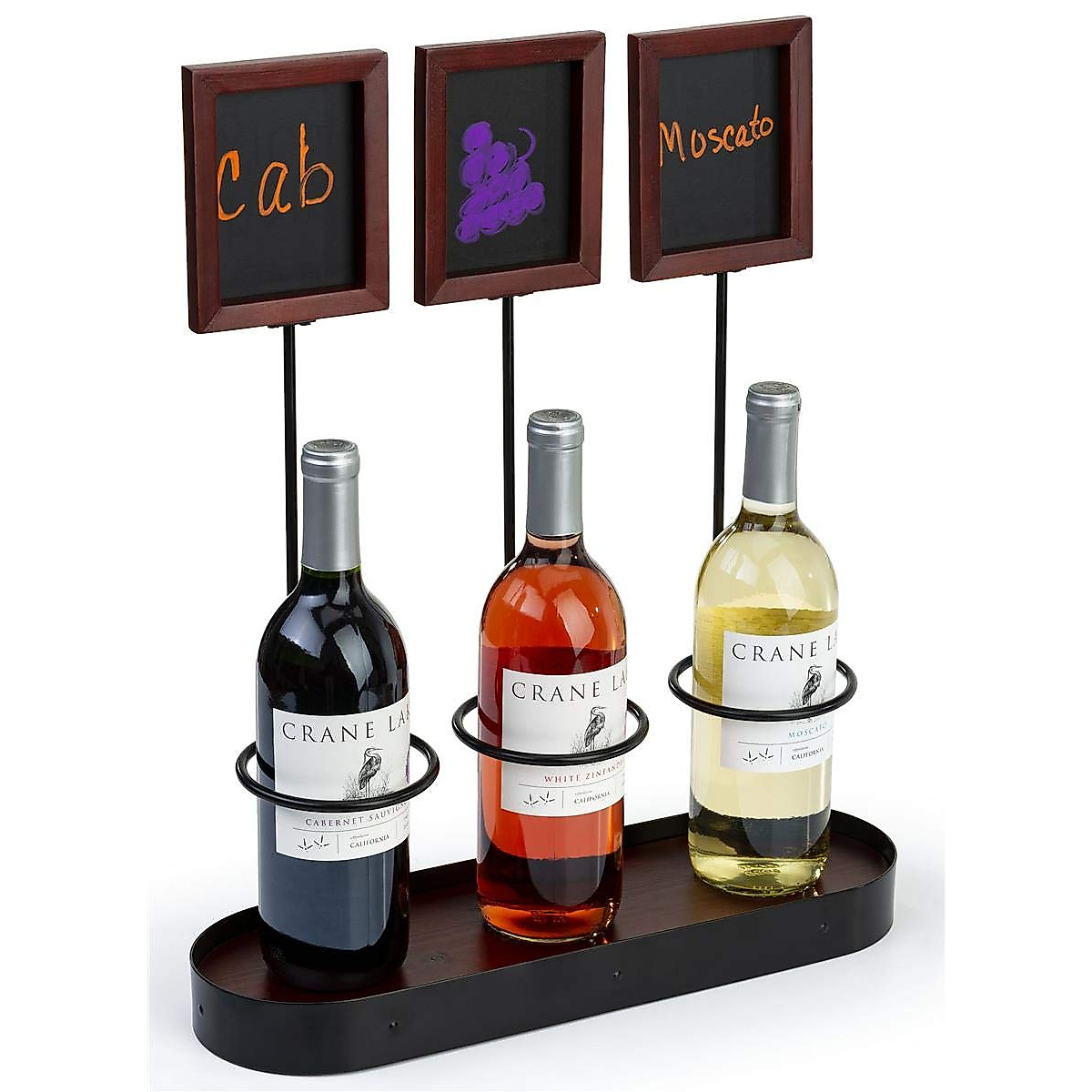 Displays2go Countertop Wine Bottle Sign Display, 3 Chalkboards – Mahogany (WINCNTCHK3)