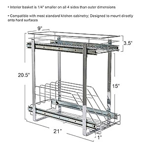 Household Essentials Glidez Multipurpose Chrome-Plated Steel Pull-Out/Slide-Out Dual-Sliding Storage Organizer for Cookware and Bakeware - 2-Tier Design - Fits Standard Size Cabinet or Shelf, Chrome