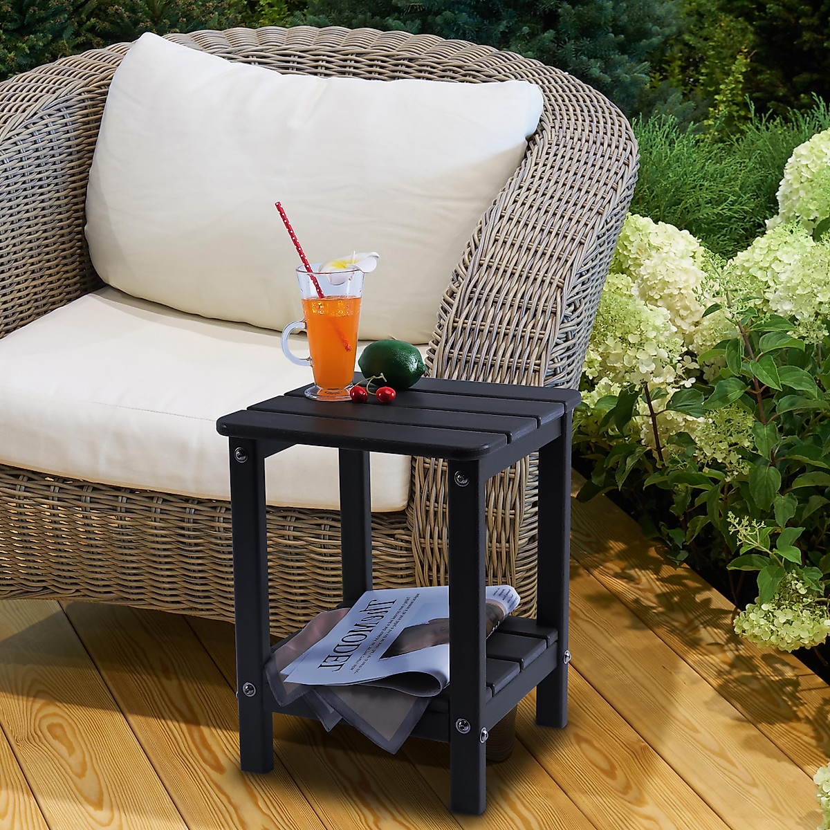 Aoorun 17.3" Small Outdoor Table Resin, Weather Side Table Adirondack (13.9" D x 13.5" W)- Black