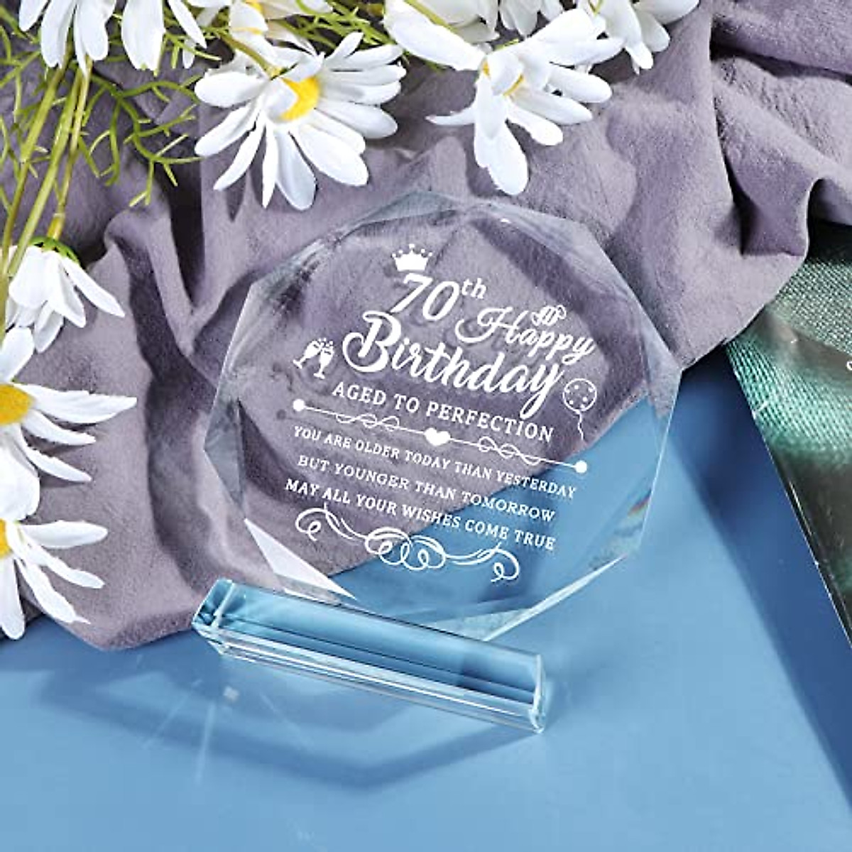 YWHL Happy 70th Birthday Gifts for Men Women Laser Engraving 70 Years Old Birthday Glass Plaque Keepsake for Grandparents Meaningful Birthday Presents for Someone Who Is Turning 70 Years old
