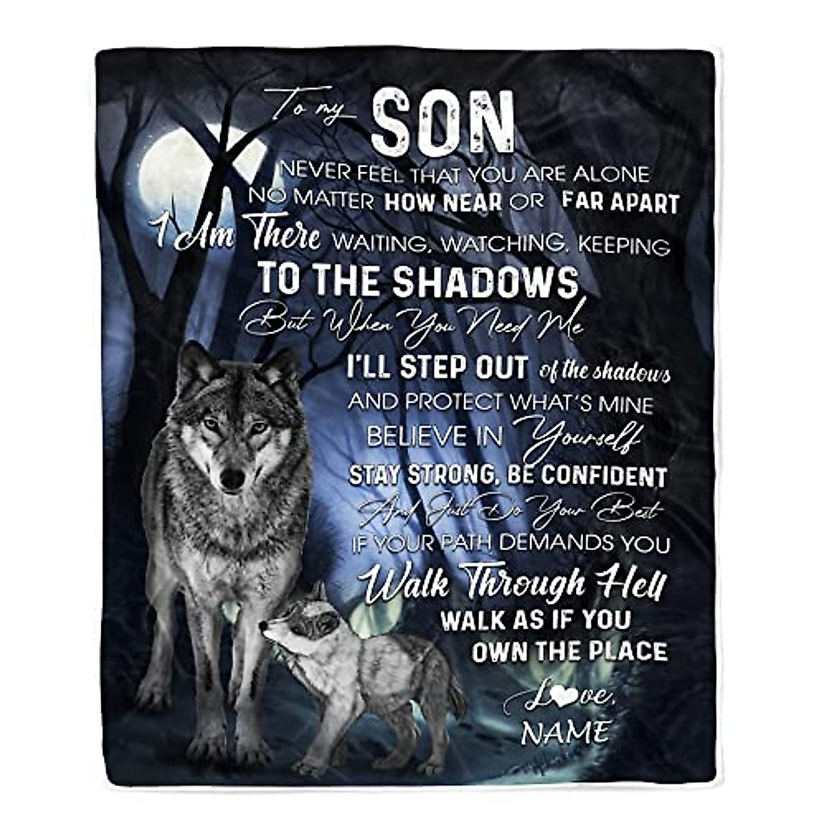 CenturyTee personalize to My Son from Mom Blanket Never Feel You are Alone Wolf Moon Night Dark Forest Family Love Son Birthday Christmas custom Fleece Blanket (60x80in - Adult Size),Multicolour,170
