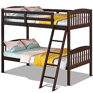 Costzon Twin Over Twin Bunk Beds, Convertible Into Two Individual Solid Rubberwood Beds, Children Twin Sleeping Bedroom Furniture w/Ladder and Safety Rail for Kids Boys & Girl (Espresso)