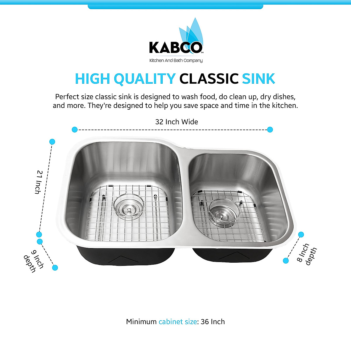 KABCO 32 Inch Big Double Unequal Bowl Stainless Steel Classic Kitchen Sink, Rust Resistant, Sound and Heat Proof 18 Gauge Undermount Sink with Sink Strainers, Sink Grids and rolling up grid