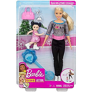 Barbie Ice-Skating Dolls & Playset with Blonde Coach Barbie Doll, Brunette Small Doll and Ice-Skating Base with Turning Mechanism, Gift for 3 to 7 Year Olds