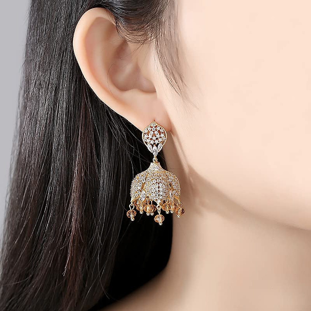 14K Gold Indian Tassel Crystal Drop Earrings for Women,Vintage Palace Style Bell Shape Heavy Industry Dangle Earrings,Fashion Christmas Jewelry Gift for Her (Style 1, 14K Gold)