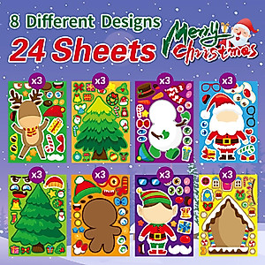 JASHIAGE Christmas Stickers for Kids - 24 Sheets DIY Santa Snowman Reindeer Holiday Decals, Party Game Stickers, Perfect for Crafting, Gift Decorating, School Activities