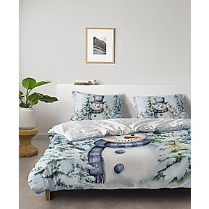 Merry Christmas Snowman Xmas Tree Duvet Cover Sets 4 Piece Queen Ultra Soft Bed Quilt Cover Set for Kids/Teens/Women/Men,Winter Snow Scene Bedding Collection All Season Use