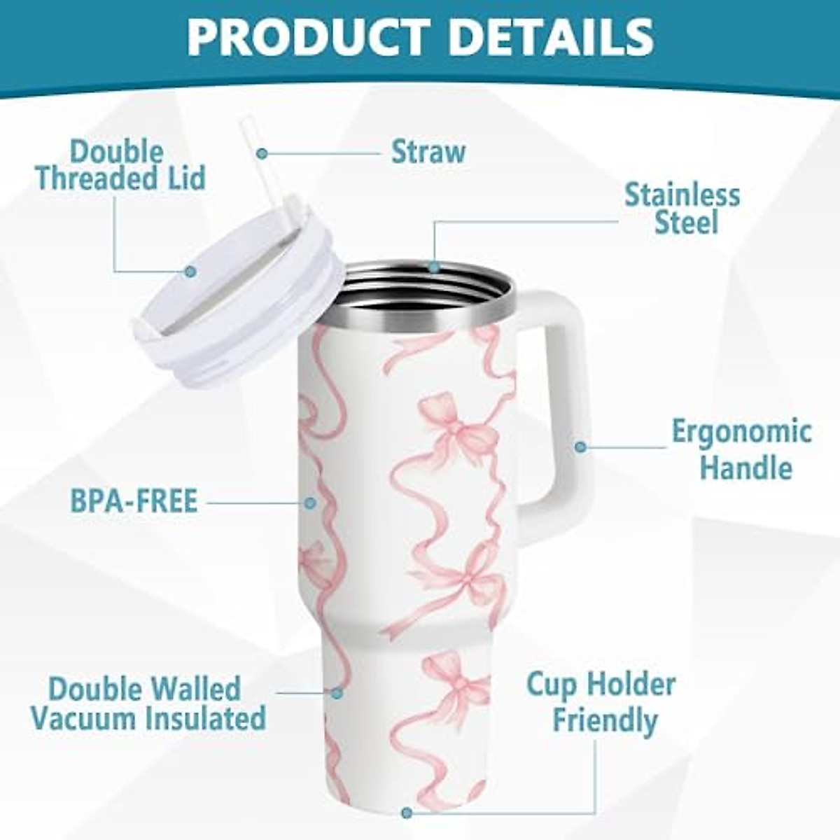Jihqo Watercolor Bows 40 oz Stainless Steel Vacuum Insulated Tumbler with Handle and Straw Lid, Leakproof Water Bottle Double Wall Travel Mug Coffee Cup, Cupholder Friendly