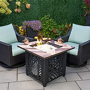 Endless Summer Darby 30 Inch Square Outdoor UV Printed 50,000 BTU LP Gas Fire Pit​ Table with Faux Wood Mantel and Stamped Steel Base