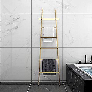 6-Tier Wall-Leaning Ladder Towel Racks with Suction Cup,Quilts Rack Towel Drying and Display Rack,Metal Blanket Rack Multipurpose Organizer Rack for Bathroom Laundry Room,Gold