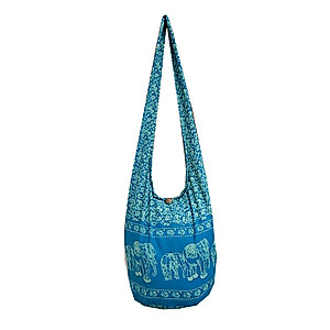 BTP! Elephant Floral Print Sling Crossbody Shoulder Bag Purse Hippie Hobo Thai Cotton Gypsy Bohemian Large (Light Blue EEL3)