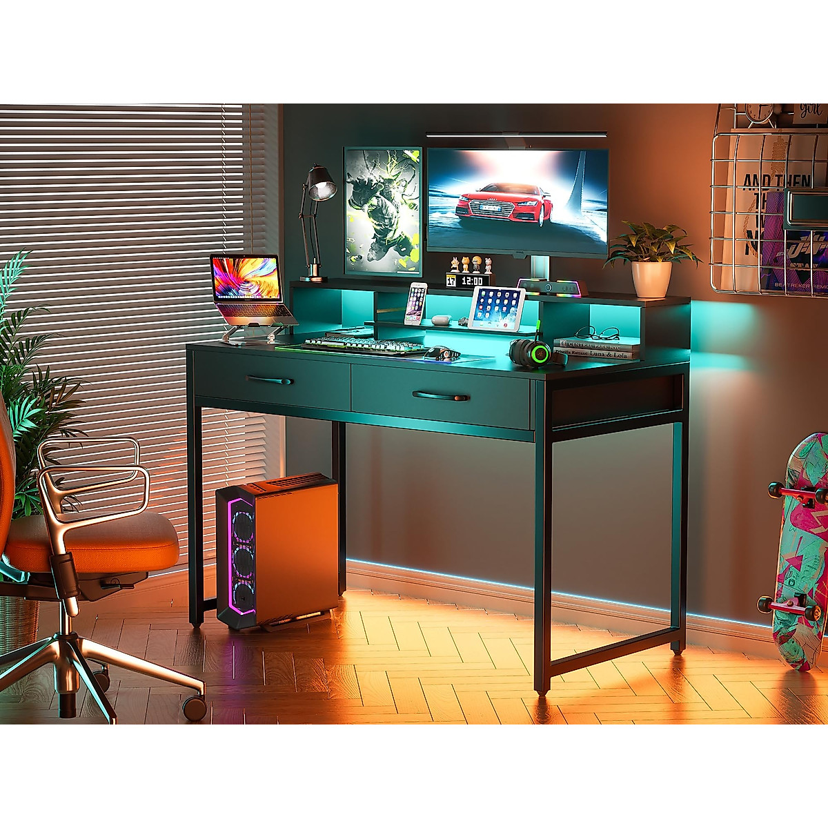 VEELOK Computer Desk with Drawers, 47" Home Office Desk with Monitor Shelf, Writing Desk with Storage, Gaming Desk Work Desk Study Desk for Bedroom, Black