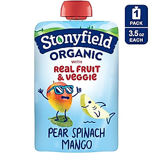 Stonyfield Organic Kids Pear Spinach Mango Whole Milk Yogurt Pouch, 3.5 oz., 1 Ct, - Real Fruit and Veggie; Low Fat, Gluten-Free,