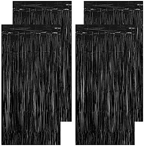 4 Pack Black Foil Fringe Curtain, Black Tinsel Backdrop, 3.3×6.6 FT Black Fringe Backdrop, Black Streamers Party Backdrop Decorations for Halloween Birthday Graduation Weedding Party Decoratios