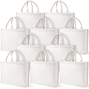 10 Pieces White Burlap Bags Jute Tote Gift Bags Reusable Bachelorette Party Favors Bags with Handles Burlap Tote Beach Bag for Party Favor Shopping Travel Wedding DIY Craft, 15.4 x 5.9 x 12.2 Inch