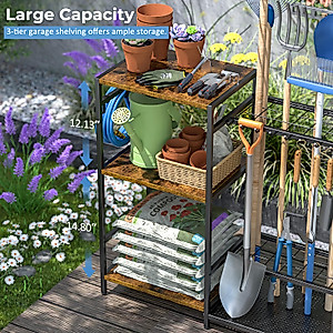 DAOUTIME Garden Tool Organizer with 3-tier Shelves, Yard Tool Organizer for Garage with 2 Hooks, Up to 21 Long-Handled Tools, Sturdy Metal Steel Tool Holder for Garage, Shed, Home, Black