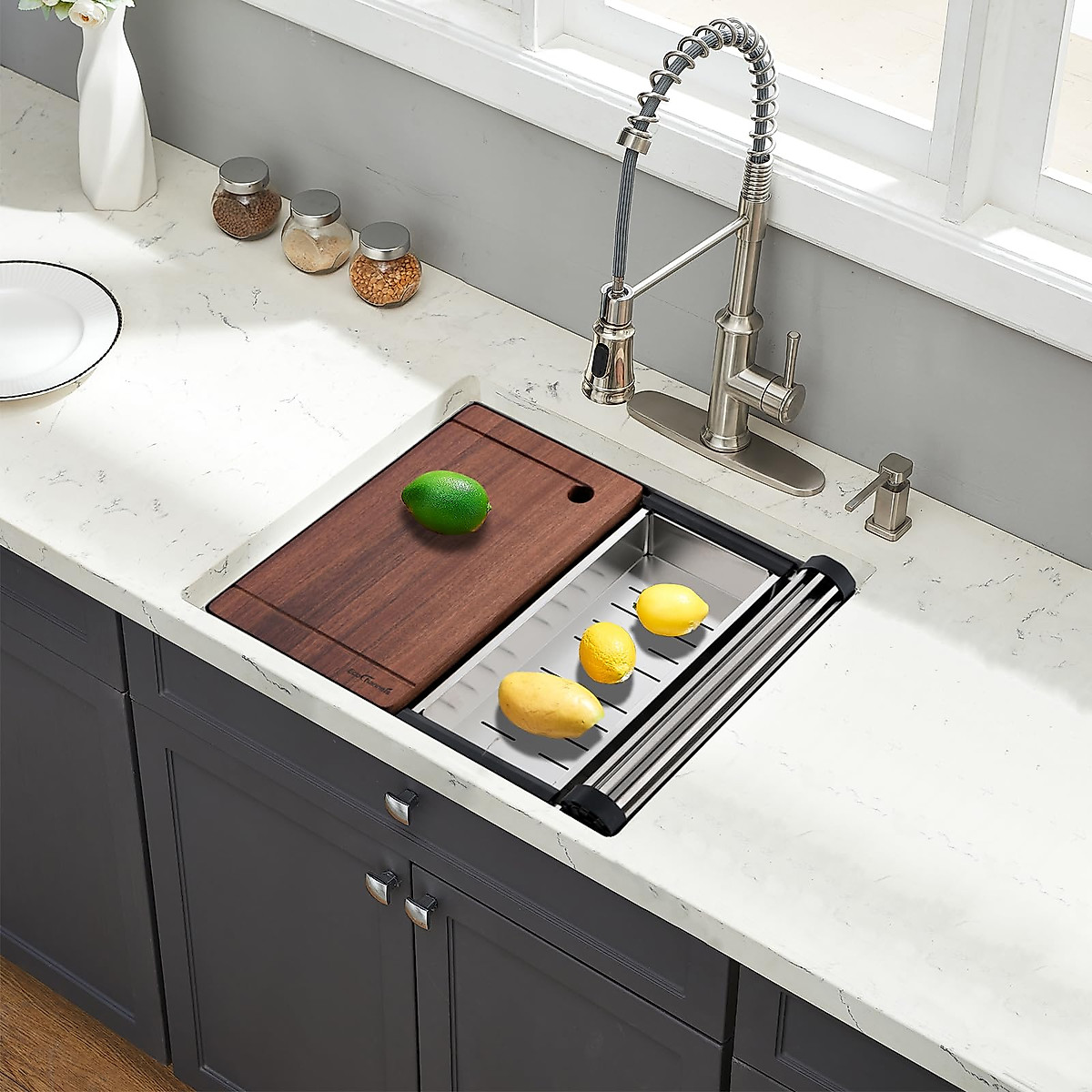 EcoChannels Undermount Kitchen Sink, 24 x 19 Inch Sink Kitchen 16 Gauge Stainless Steel Kitchen Sinks Single Bowl Workstation Sink with Cutting Board