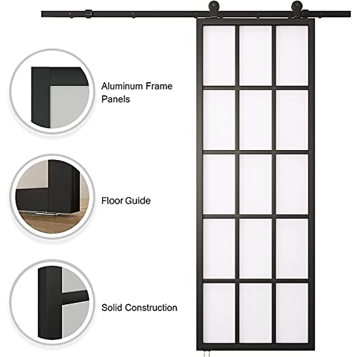 BARNSMITH 30in x 84in Frosted Glass Barn Door with 6FT Top Mounted Hardware kit Include Soft Close Mechanism DIY 15 Lites Modern Aluminum Frame Glass Sliding Barn Door Disassembled Easy Installation
