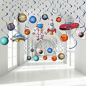Outer Space Party Decoration Hanging Swirls, Blue Solar System Planet Party UFO Rocket Astronaut Sign Foil Swirls Ceiling Decoration for Kids Boys Space Birthday Party Decorations Supplies, 30 Pieces