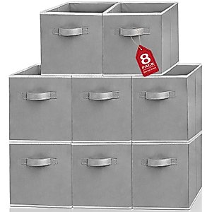 IJRPLM 8 Pack Storage Cubes,11 Inch Cube Storage Bins,Fabric Foldable Cube Baskets,Collapsible Storage Bins with Handles,Fabric Bins Storage Box For Shelf Organizing Clothes Closet Toys,Grey