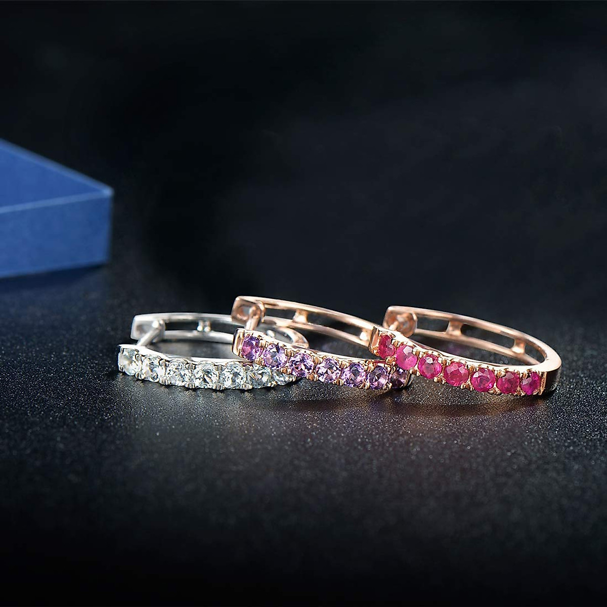 Carleen 14k Solid White Gold Round Cut Light Blue Natural Aquamarine Earrings Small/Tiny/Little Hinged Huggie Hoop Earrings Dainty Delicate Fine Jewelry Birthday Gifts for Women Size 15mm