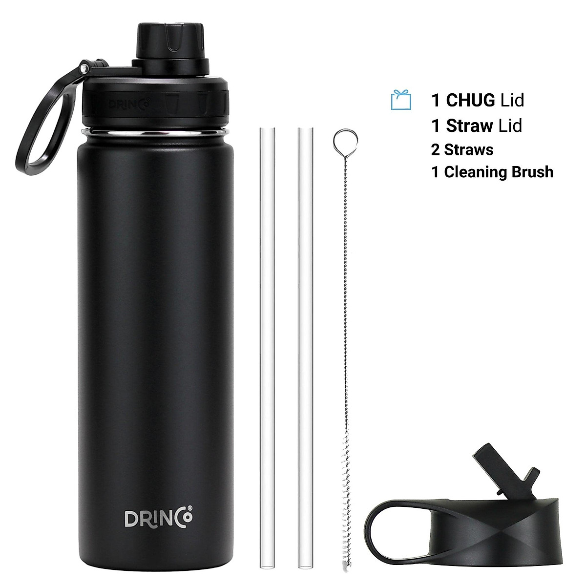 Drinco Stainless Steel Water Bottle Spout Lid Vacuum Insulated Double Wall Water Bottle Wide Mouth (40oz 32oz 22oz 18oz 14oz) Leak Proof Keep Cold Sport Camping Hiking (22 oz, 22oz Black)