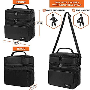 opux Insulated Lunch Bag for Men Women, Large Dual Compartment Cooler Bag, Soft Two Deck Lunch Box for Work School Picnic, Leakproof Lunch Tote with Shoulder Strap for Kid Adult (Black, Double Deck)