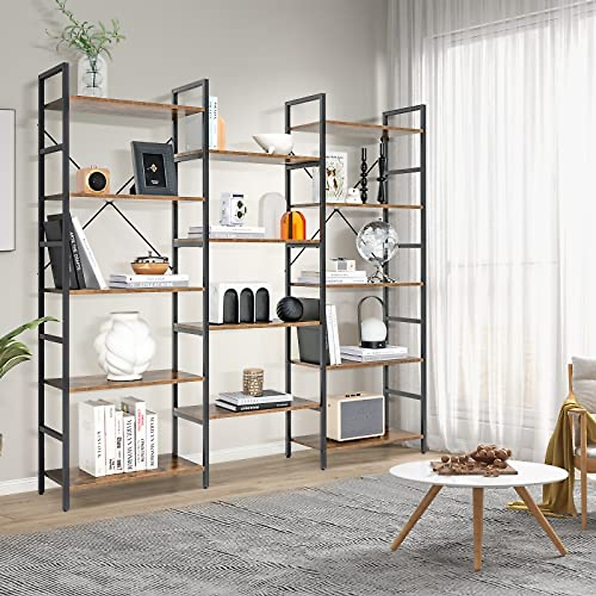Giantex Triple 5-Tier Industrial Bookshelf- Freestanding Metal Frame Ladder Bookcase with 14 Open Shelves, Wooden Large Display Open Shelving for Living Room Home Office Study, Rustic Brown