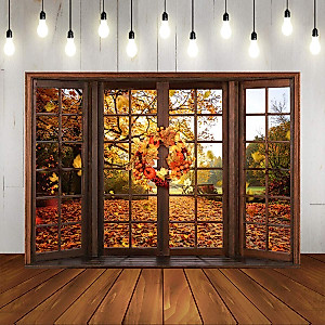 Mocsicka Fall Window Backdrop 7x5ft Autumn Maple Forest Fall Backdrops for Photography Fall Natural Scenery Background for Thanksgiving Day Party Decorations