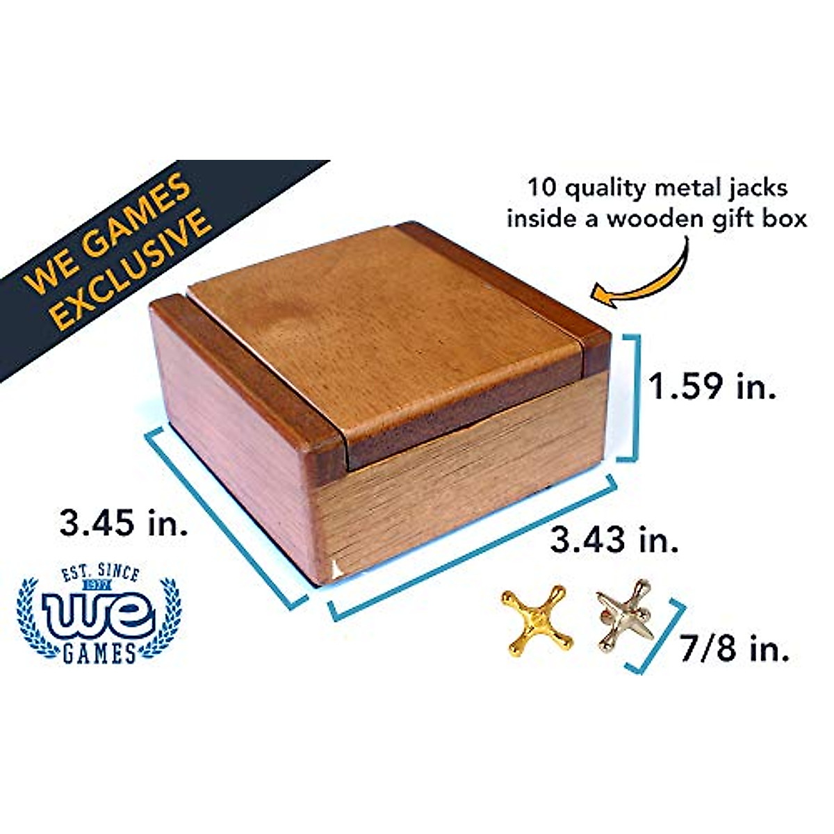 WE Games Metal Jacks Game, Retro Game with 2 Sets of Metal Jacks and Ball in Keepsake Wooden Box, Nostalgic Toy Set for Kids and Adults, Old Fashioned Floor Games, Jacks and Ball Travel Game Set