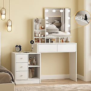 Vabches Makeup Vanity with Lights and Charging Station, Functional White Vanity Table with 5 Drawers and Lots Storage Shelves for Women Girls, 48.3in(W)