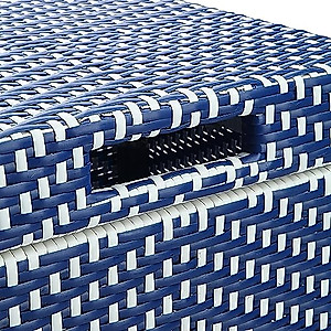 24/7 Shop at Home Locke Coastal Aluminum and All-Weather Wicker Outdoor Trash Can with Lid for Outdoor, Patio, Pool Area, Garden, Navy Blue and White