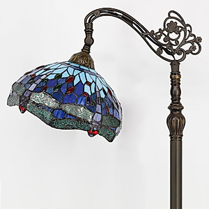 WERFACTORY Tiffany Floor Lamp Blue Stained Glass Dragonfly Arched Lamp 12X18X64 Inches Gooseneck Adjustable Corner Standing Reading Light Decor Bedroom Living Room S004 Series (B)