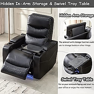 Comfort Stretch Electric Power Recliner Chair with LED Lights, Faux Leather Home Theater Seating, Recline Single Sofa Chair for Living Room with Swivel Tray Table, Hidden Arm Storage, Cup Holder-Black