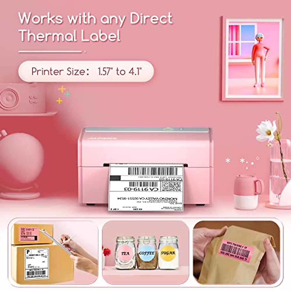 JADENS Bluetooth Thermal Label Printer -Wireless Shipping Label Printer for Ebay, USPS, Etsy & Amazon, Compatible with iPhone, Android & Windows (Mac Not Support Bluetooth), 4x6 Label Maker, Pink