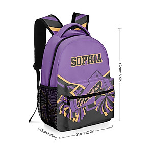 CUXWEOT Cheer Cheerleader Purple Gold Backpack Personalized Book Bag Sport Casual Hiking Camping Pack with Name