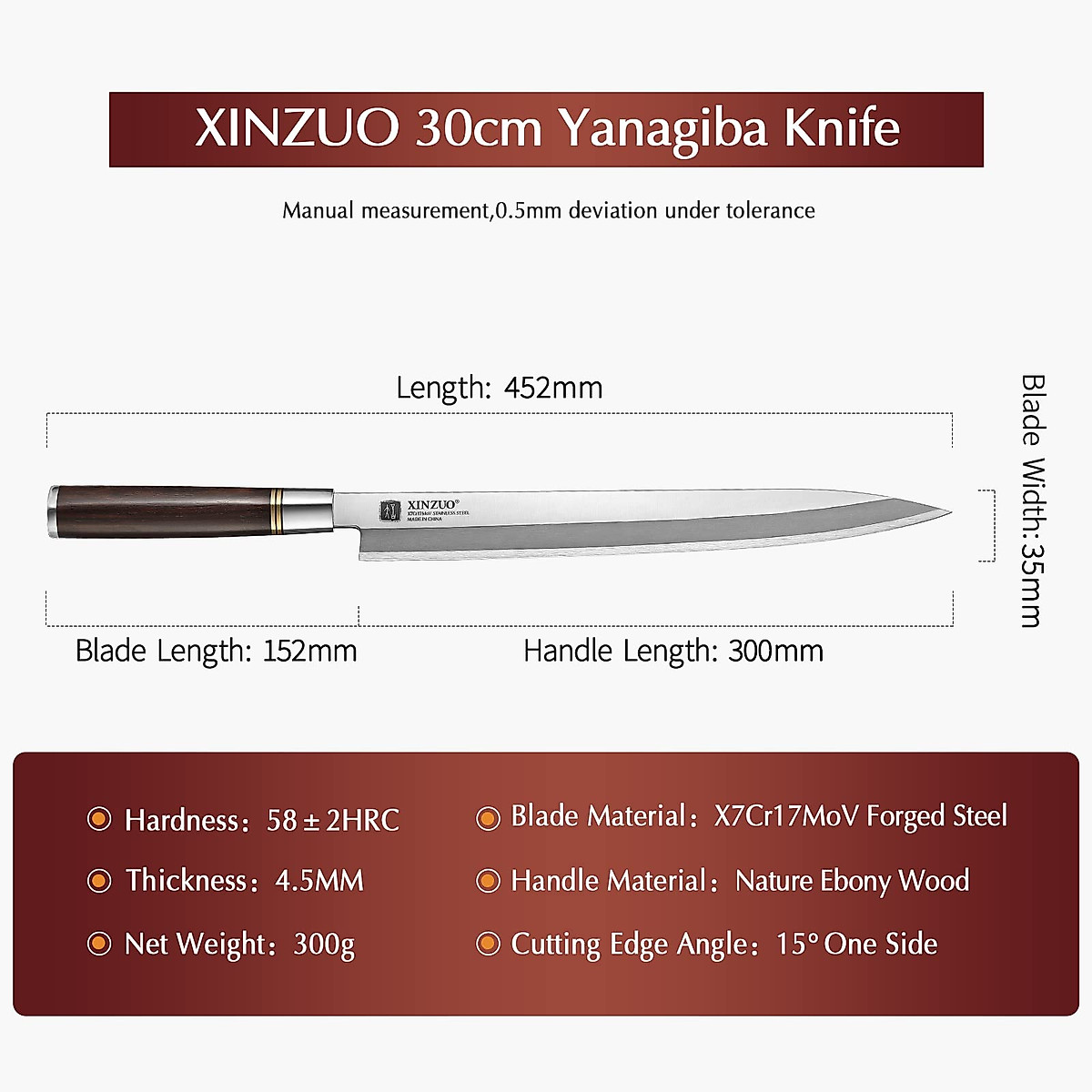 XINZUO 12 Inch Sashimi Knife X7Cr17MoV Forged Steel,Traditional Japanese Crafts Yanagiba Filleting Knife,Single-edged Blade,Professional Chef Sushi Knife-Ebony Wood Handle-Betula Wooden Sheath