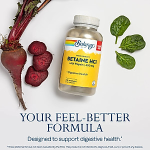 SOLARAY Betaine HCL with Pepsin, High Potency Hydrochloric Acid Formula, Healthy Digestion Supplement, Digestive Enzymes for Gut Health Support, 60-Day Guarantee (275 Servings, 275 Veg Caps)